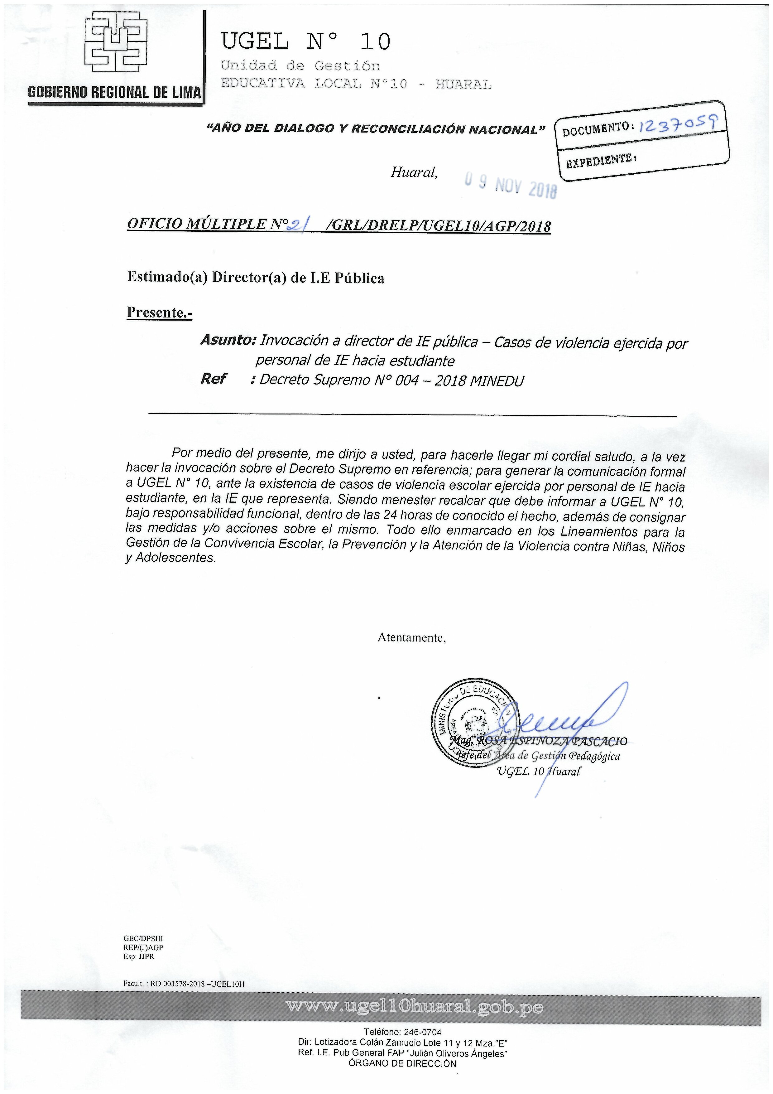 INVOCACIÓN A DIRECTOR DE IE PUBLICA - CASOS DE VIOLENCIA EJERCIDA POR ...